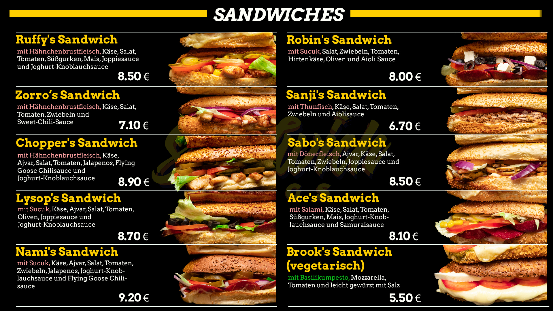Speisekarte – Sandwich Kings